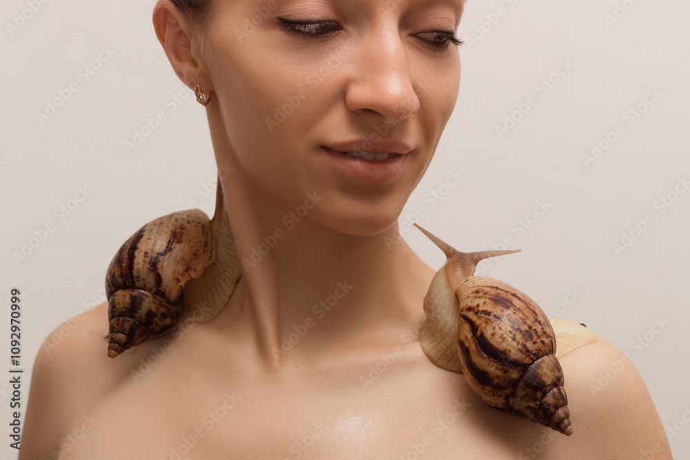 Beautiful young woman with snails on her face. Rejuvenation procedures ...