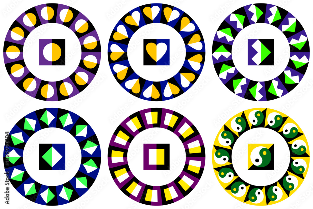 Vibrant set of optical illusion circular frames and elements for ...