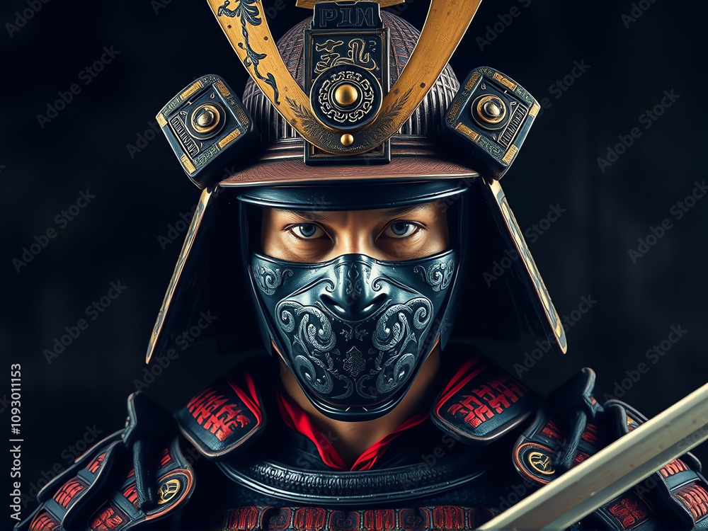 Warrior in traditional samurai armor with ornate mask and sword ...