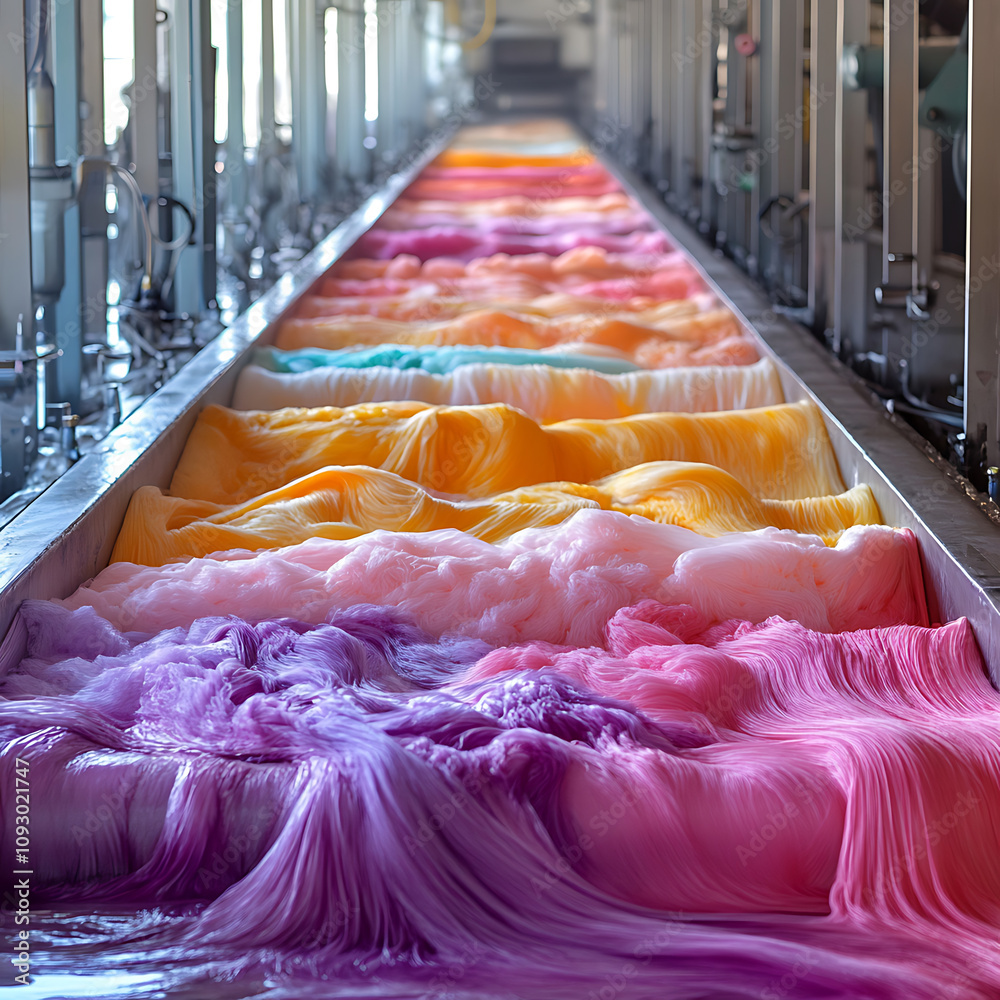 Colorful fabrics are immersed in vibrant dye baths, showcasing textile ...