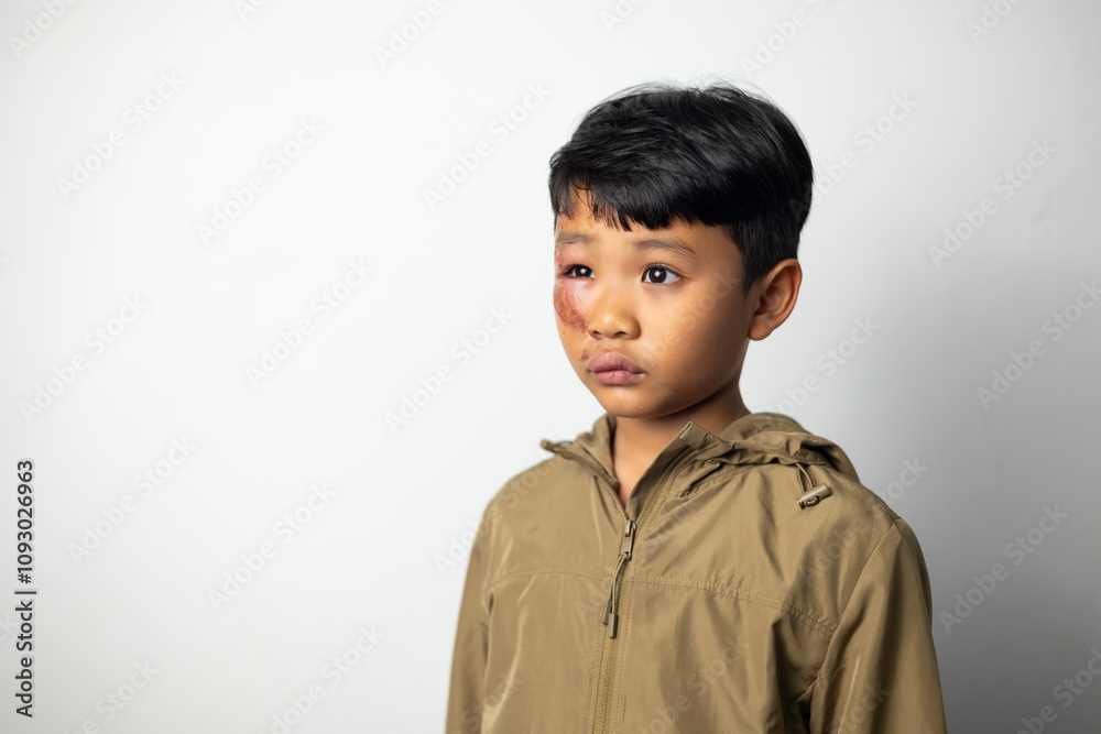 Portrait asian boy received Inflamed wound to his face from falling off ...