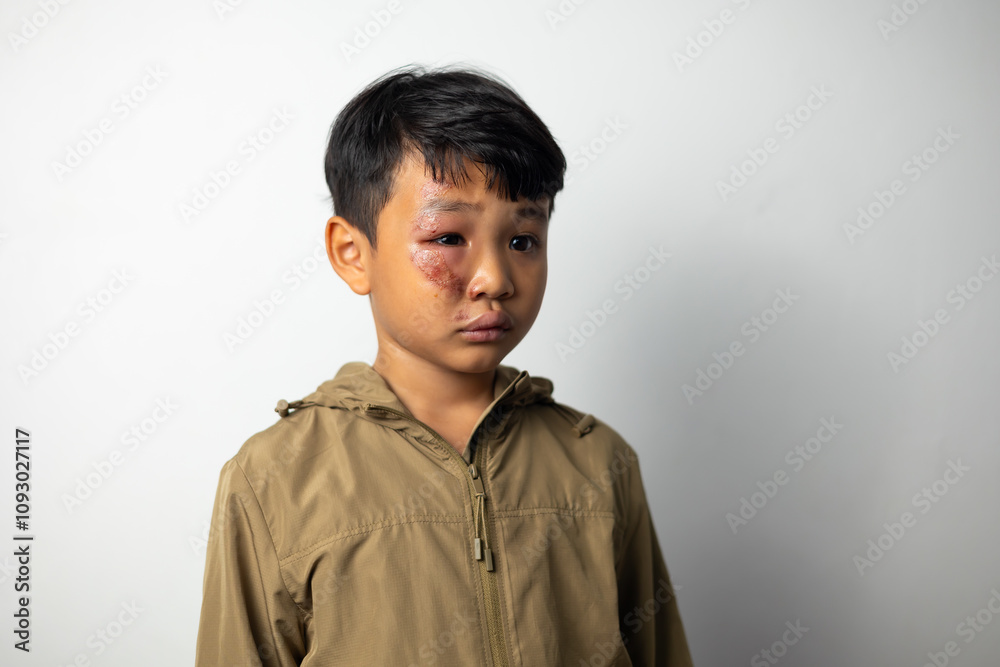 Portrait asian boy received Inflamed wound to his face from falling off ...