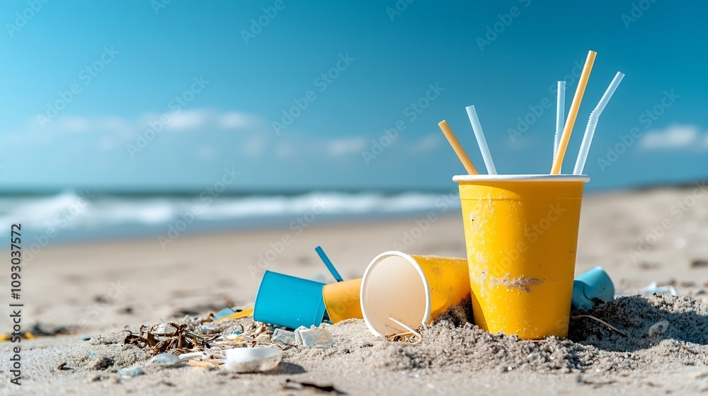 Discarded plastic straws cups and other single use plastics littering a ...