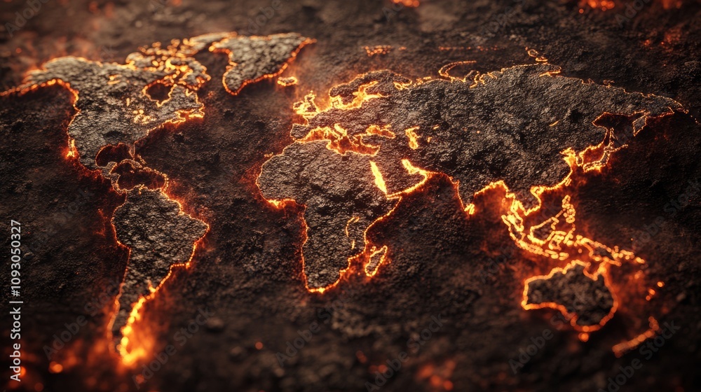 Textured world map in fire, global catastrophe spreading concept ...