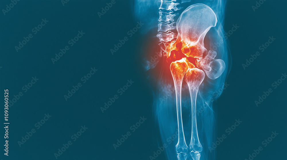X-ray of a human hip socket and thigh bone, showing the ball-and-socket ...