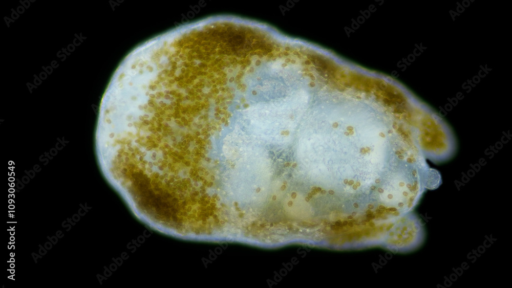 Worm Turbellaria, order Acoela under a microscope. In symbiosis with ...