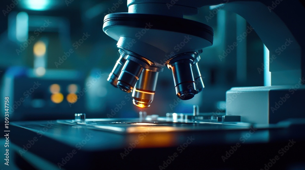 Close-up of a microscope on a sterile lab bench, ready for precision ...