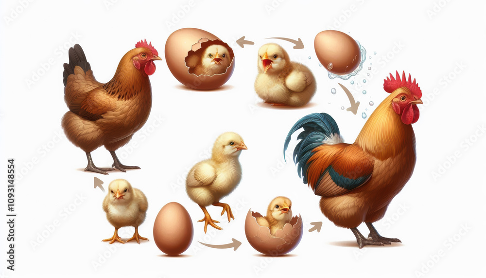 Realistic chicken life cycle set from egg laying chick hatching adult ...