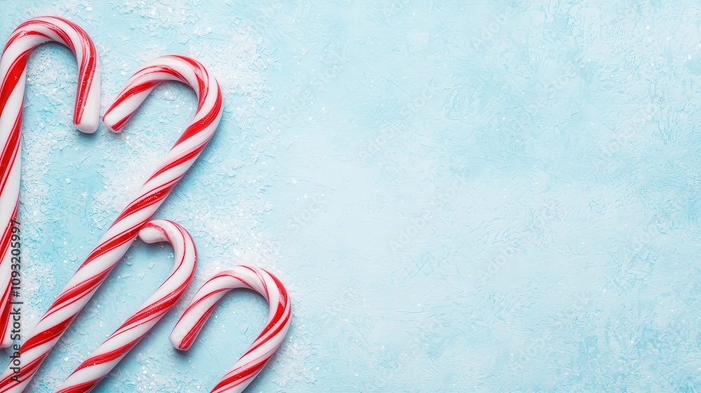 Candy cane border with a snowy background, large clean space in the ...