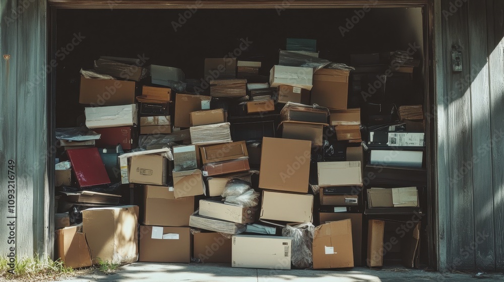 Overflowing Storage Garage Full of Stacked Cardboard Boxes Indicating ...