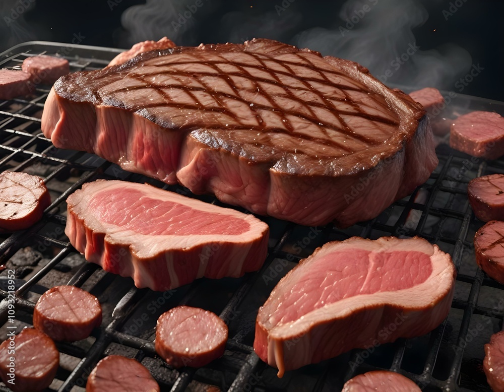 Grill Beef steaks, realistic 3d brisket flying in the air, grilled meat ...