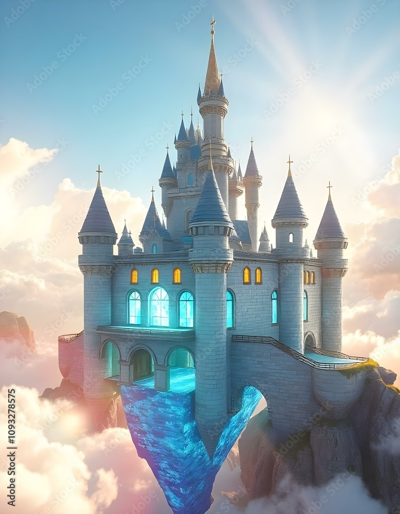 An adventurous sky castle, featuring pixelated secret passages, a ...