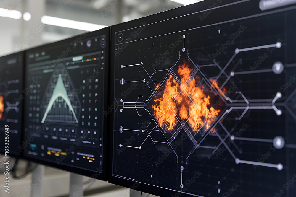 Fire alarm evacuation monitoring concept. Three monitors display a ...