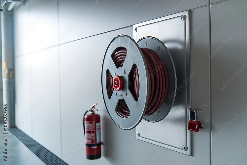 Fire alarm evacuation monitoring concept. A fire hose reel mounted on a ...