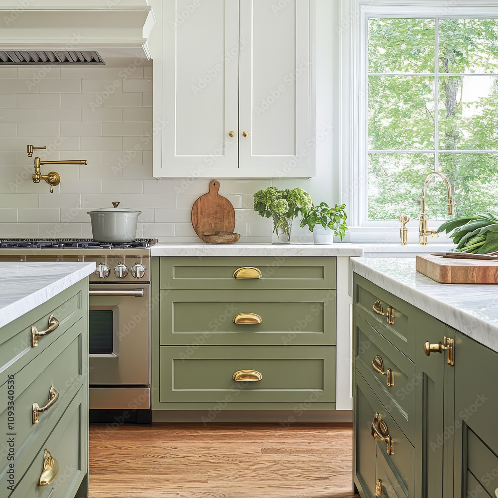 magazine quality photograph of a kitchen with white upper cabinets and ...