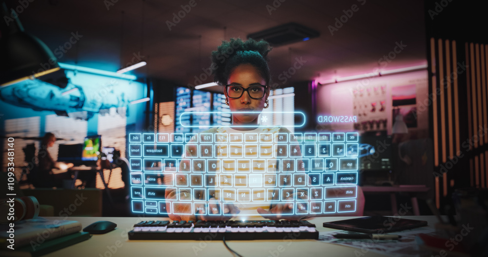 Stylish Female Programmer Logs Into a Holographic Computer Screen in ...