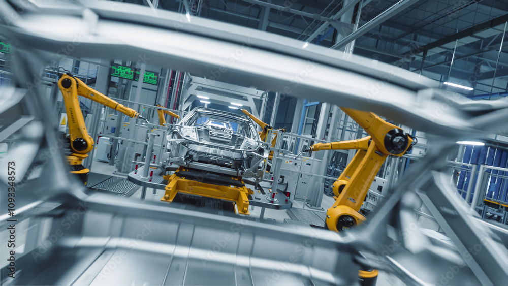 Autonomous Factory with Robotic Arms Autonomously Assembling Car Frames At the Factory ...
