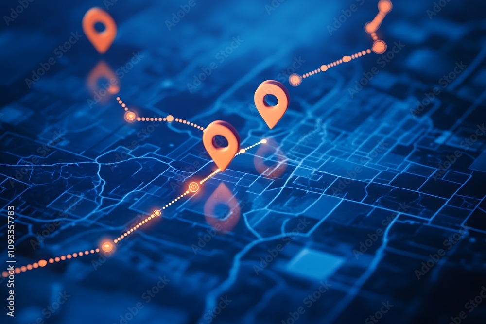 Digital Map Showing Route Navigation With Location Markers Stock Photo ...