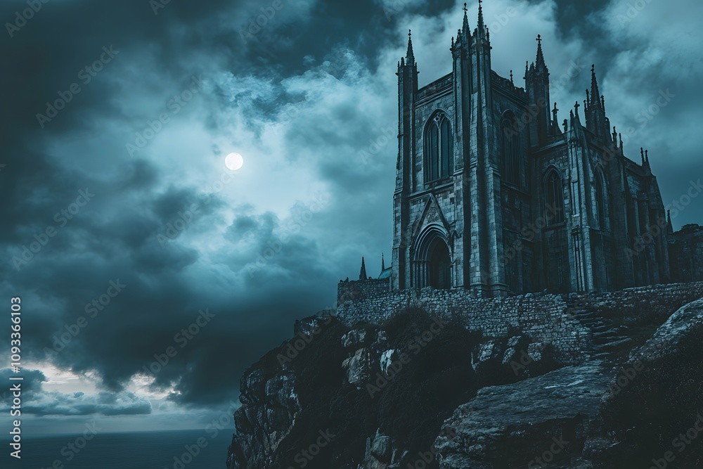 gothic castle surrounded by foggy landscape, mysterious building with ...
