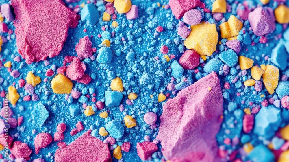 Microscopic view of vibrant granules in washing powder featuring pink ...