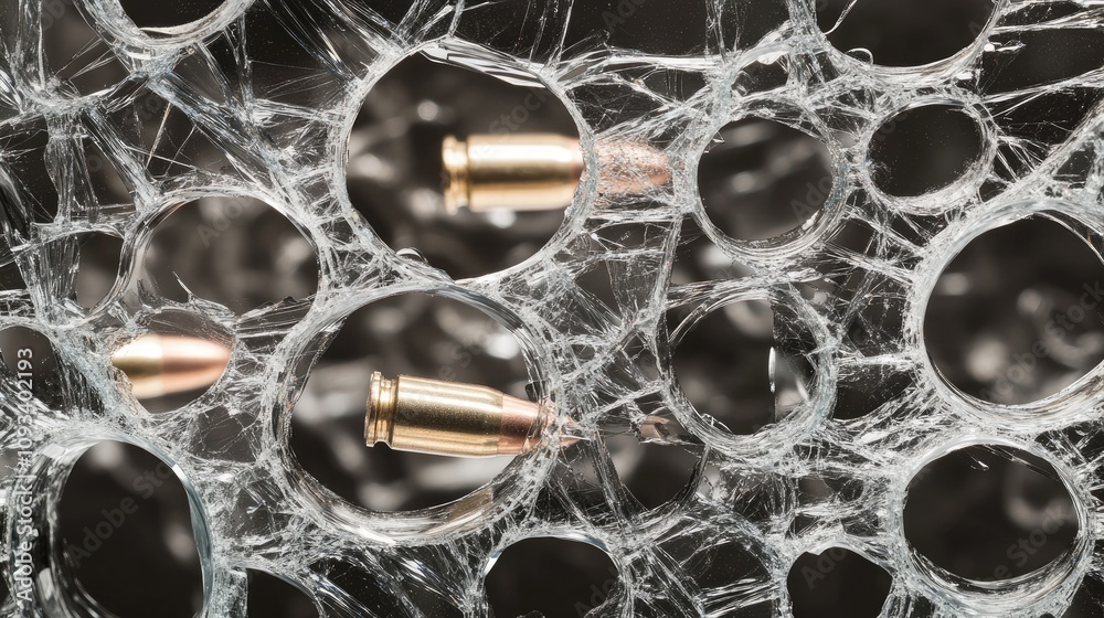 Abstract shattered glass background with bullet holes and scattered ...