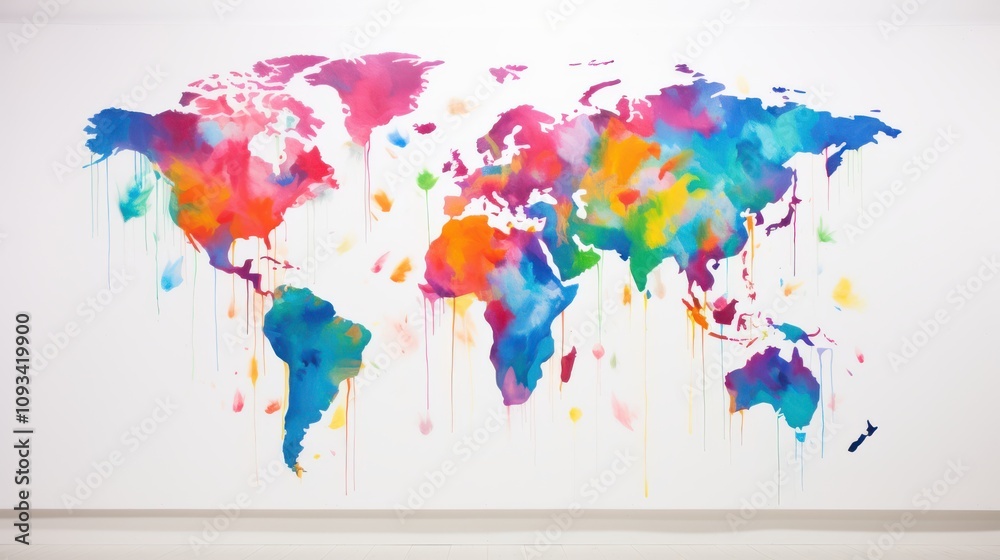 A vibrant world map mural showcased in an explosion of colors ...