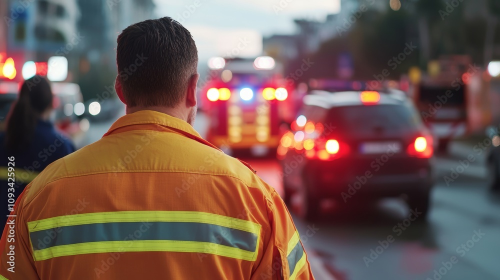 evacuation response fire alarm. A firefighter in an orange uniform ...