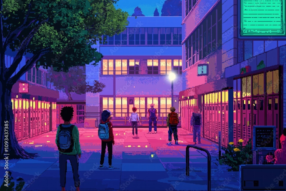 Pixel art school campus at twilight. Students walk by glowing lockers ...