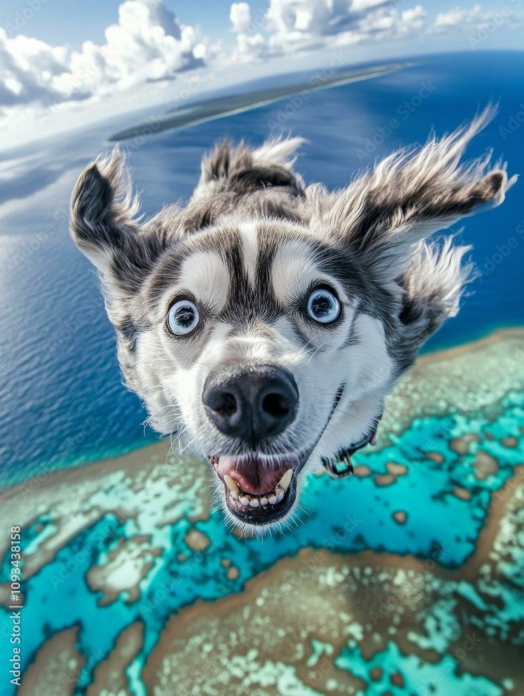 Husky Skydiving Over the Great Barrier Reef - A husky dog skydives ...