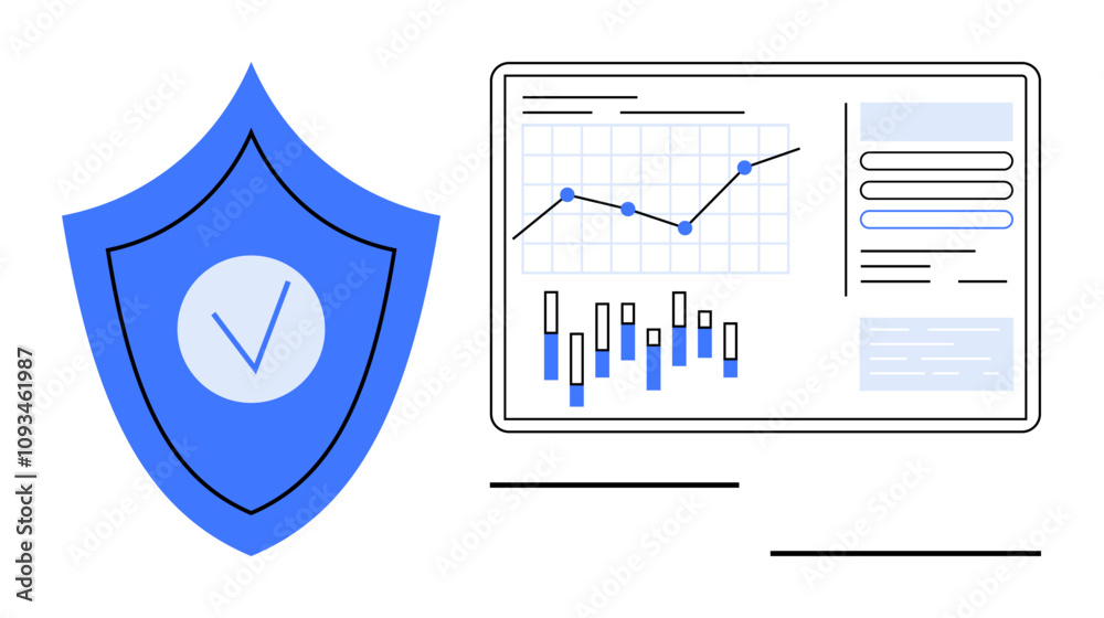 Shield with checkmark representing security next to a line graph and ...