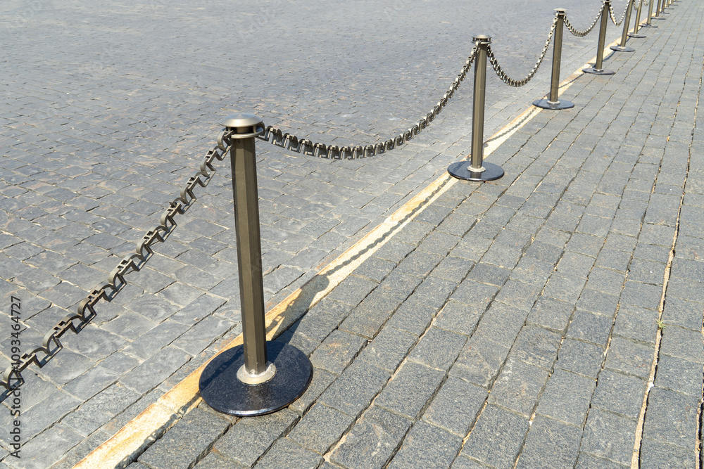 Border of old and modern stone tiles on Red Square in Moscow. Fence ...
