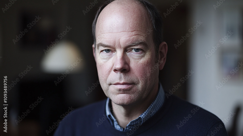 Middle-aged man with a horseshoe pattern of balding his hairline ...