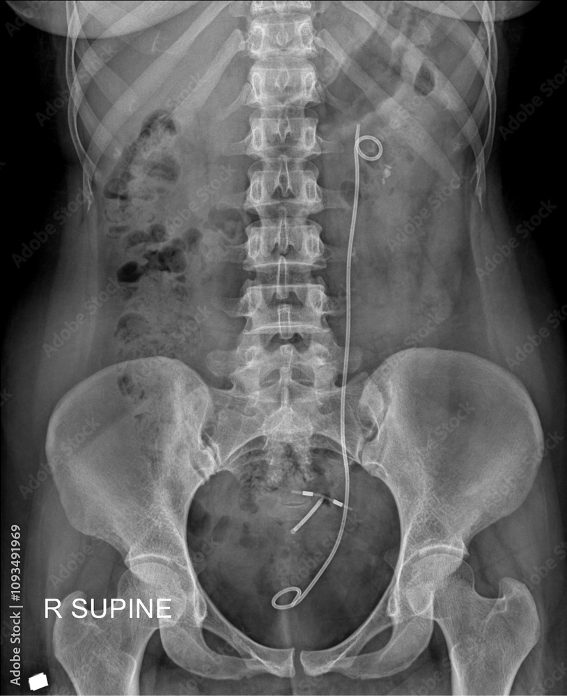 KUB X-ray Showing Ureteral Catheter Placement in the Spine Region Stock ...