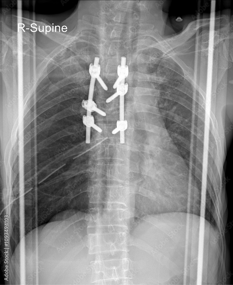 Chest Radiograph Showing Post-Surgical Spine Procedure and Spinal ...
