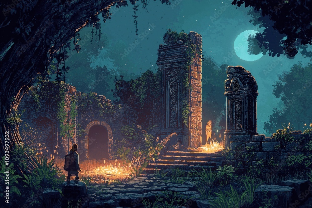 Pixel art explorer stands at ancient ruins entrance. Glowing artifacts ...