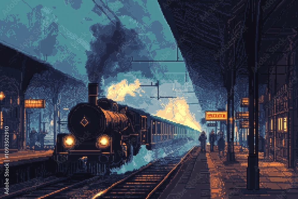 Pixel art train station illustration. Steam engine train arrives at ...