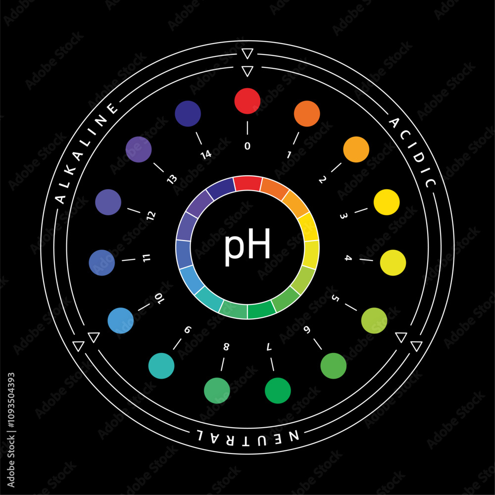 round, circular pH scale concept. pH scale chart. Acidic, neutral ...