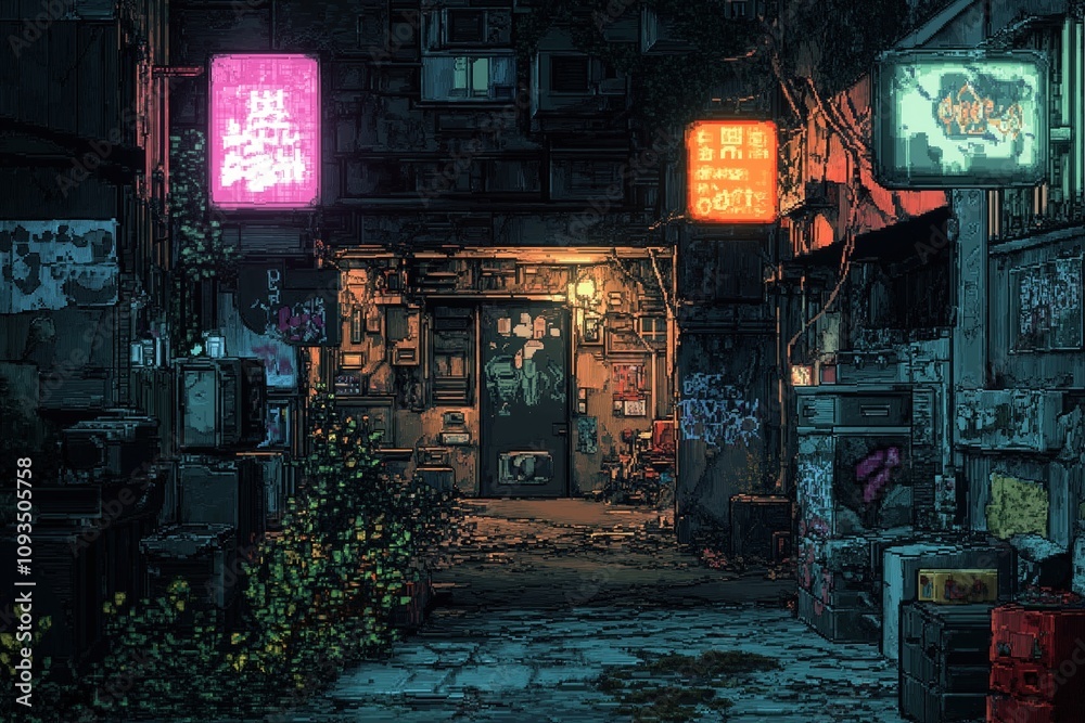 Pixel art alleyway at night. Glowing signs and detailed graffiti adorn ...