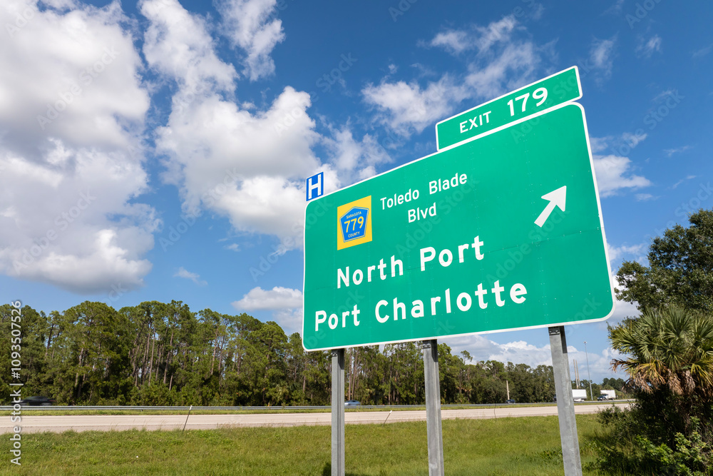 American interstate highway directional exit sign on fast motorway in ...