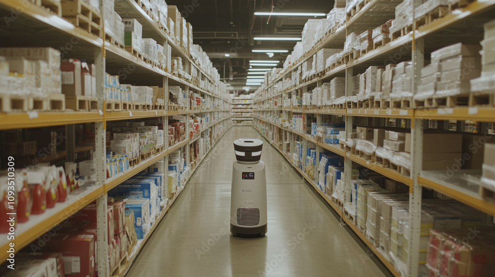 Warehouse robot navigating aisles with computer vision sensors for mapping locating items and ...