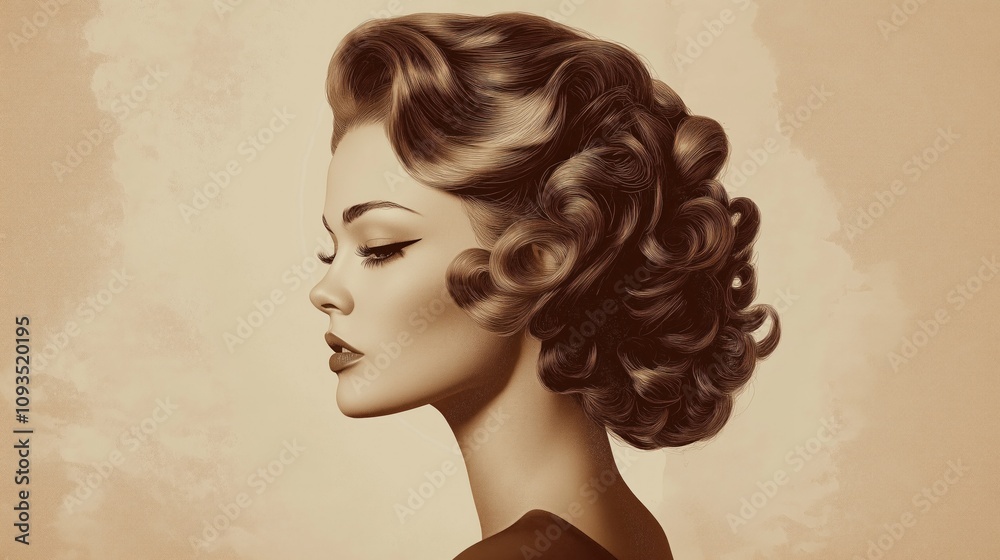 Elegant woman with curly hairstyle in 1960s style. Glamourous model ...