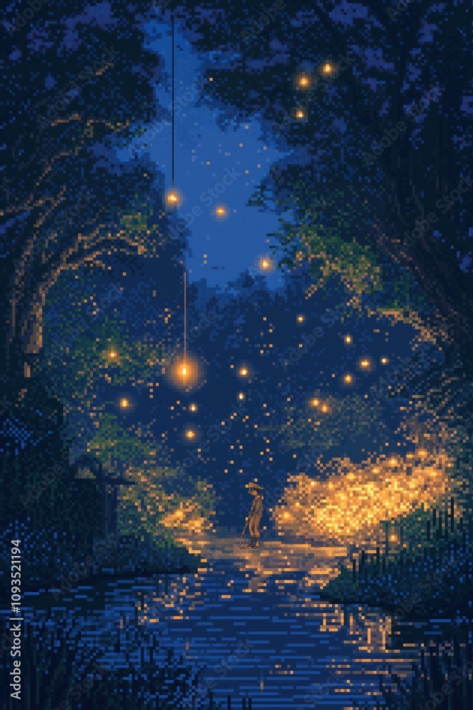 Pixel art illustration shows character fishing at night in forest glade ...