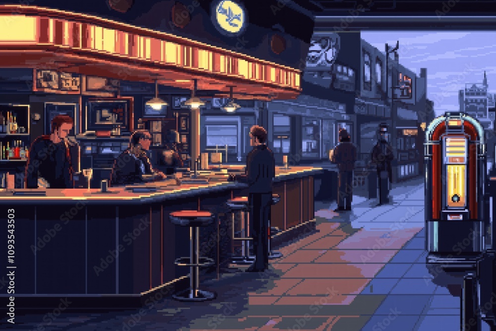 Pixel art retro diner scene. Customers enjoy meals at bar. Glowing ...