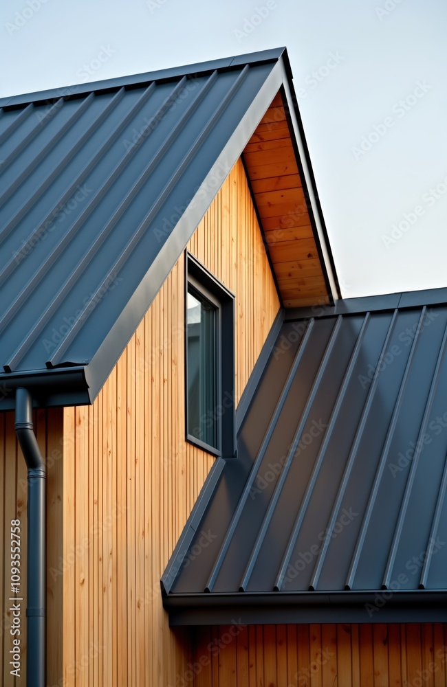 Closeup of modern house roof design. Dark gray metal roof panels meet ...