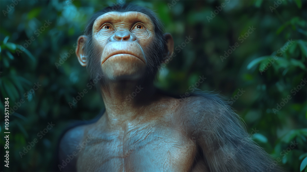 Australopithecus afarensis looking upward in a dense prehistoric forest ...