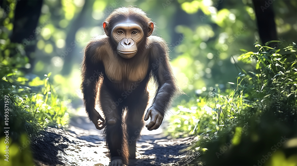 Australopithecus afarensis in prehistoric forest habitat, early hominin ...