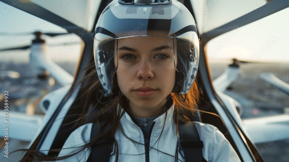Young female pilot in helmet inside aircraft cockpit. Stock Photo ...