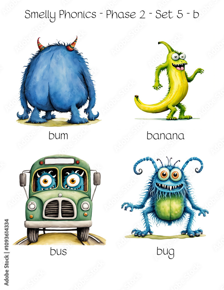 Smelly Phonics - Phase 2 - Set 5 - b - bum, banana, bus, bug Stock ...