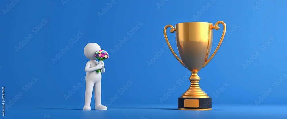 3D stick figure character celebrating victory with trophy and flowers ...