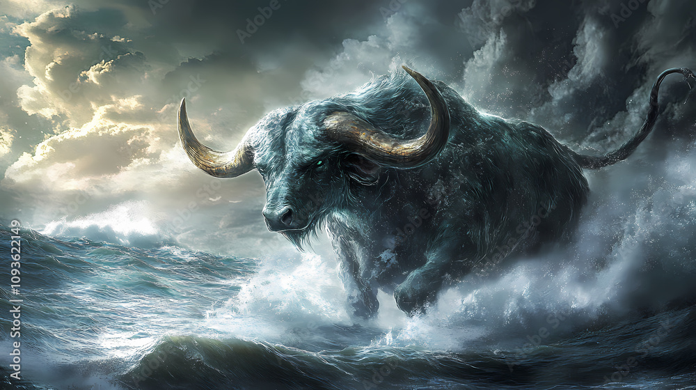 Mystical water bull sea monster mythical creature ocean cloud stormy ...